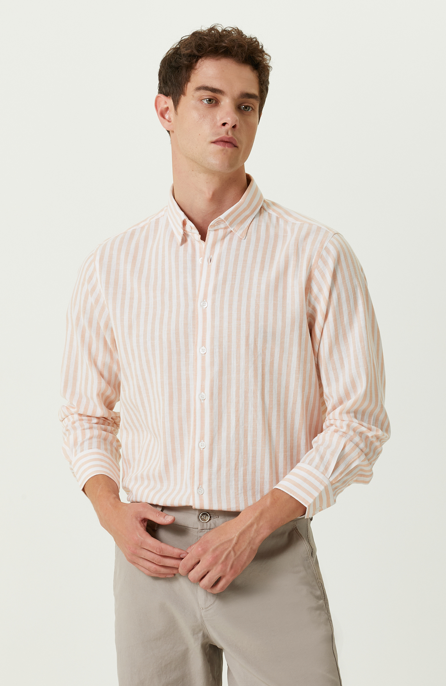 Somon Düğmeli Yaka Çizgili Gömlek