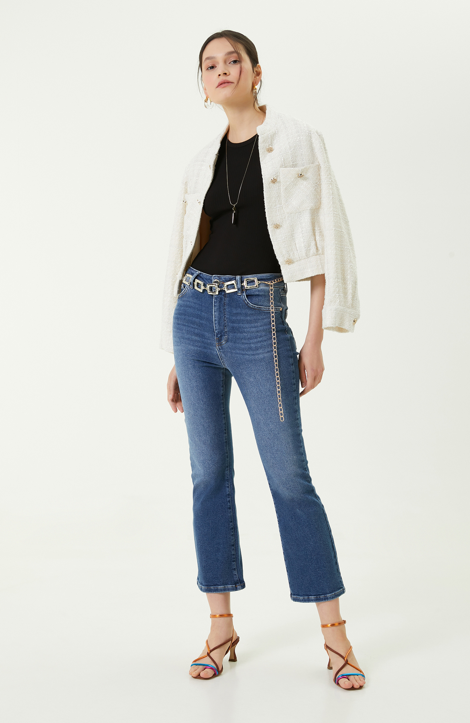 Indigo Yüksek Bel İspanyol Paça Denim Pantolon