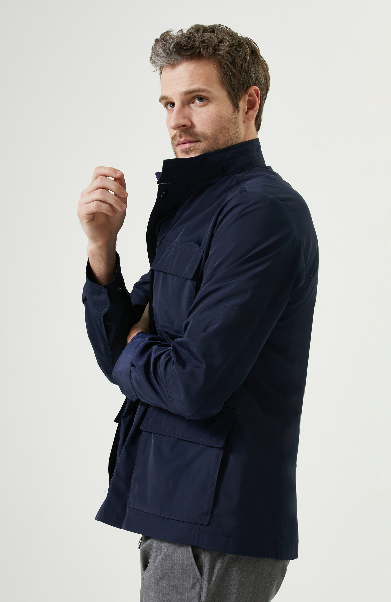 Lacivert Cepli Dik Yaka Mont