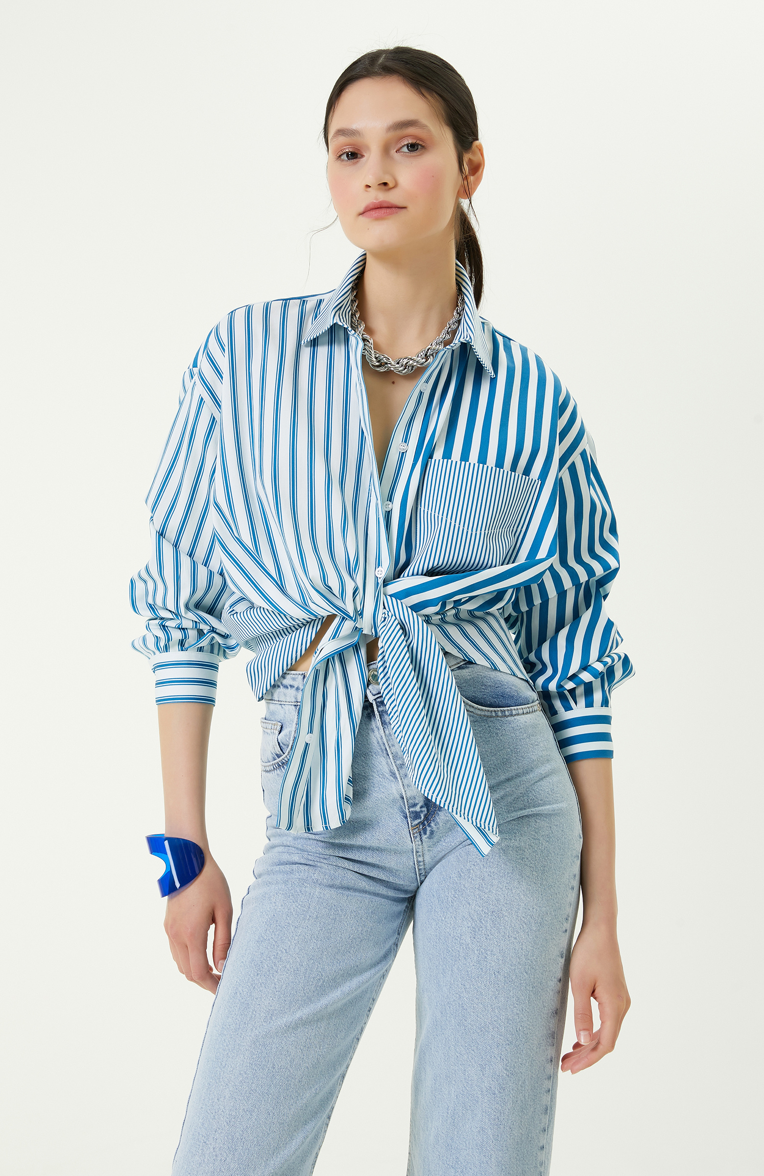 Uzun Kollu Petrol Rengi Çizgili Gömlek