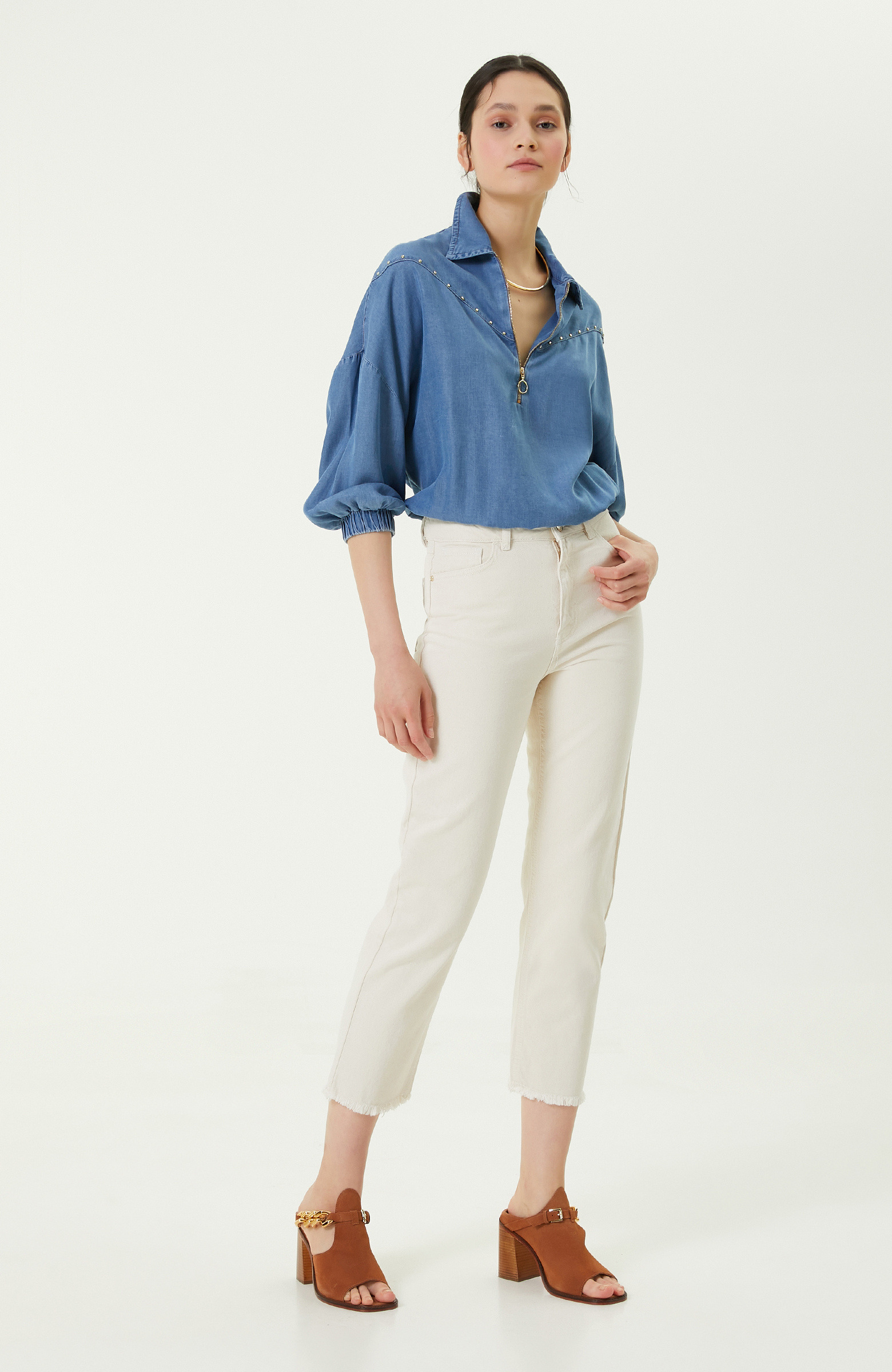 Düz Paça Bej Denim Pantolon