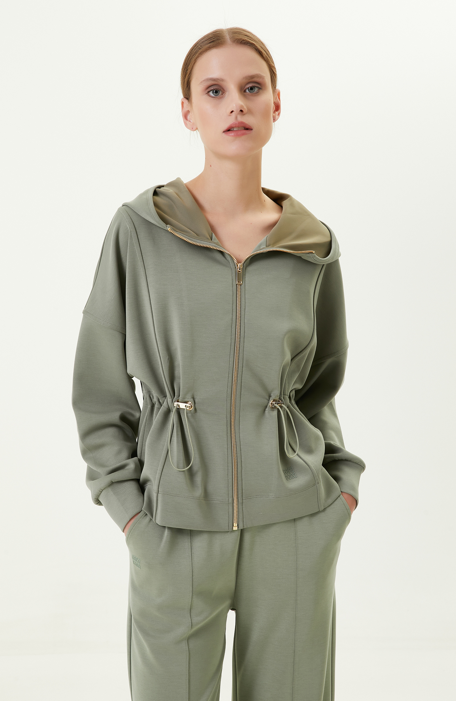 Açık Haki Bel Detaylı Kapüşonlu Ceket