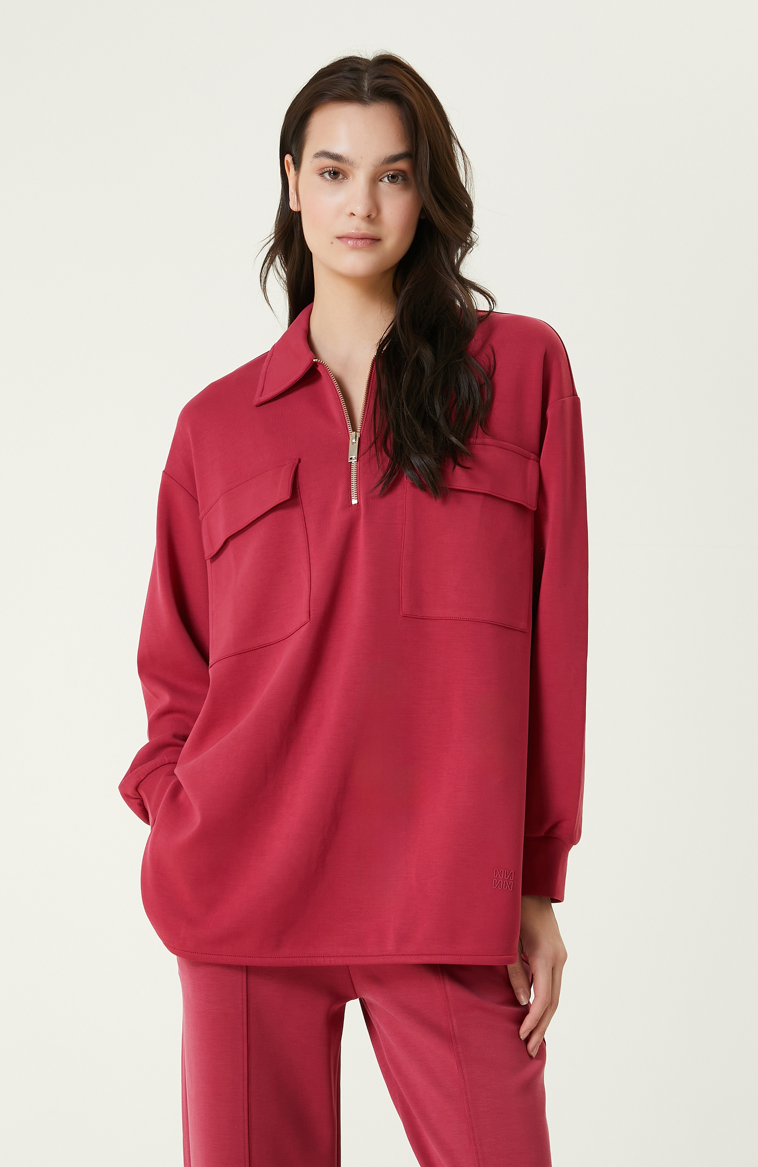 Cep Detaylı Vişne Sweatshirt