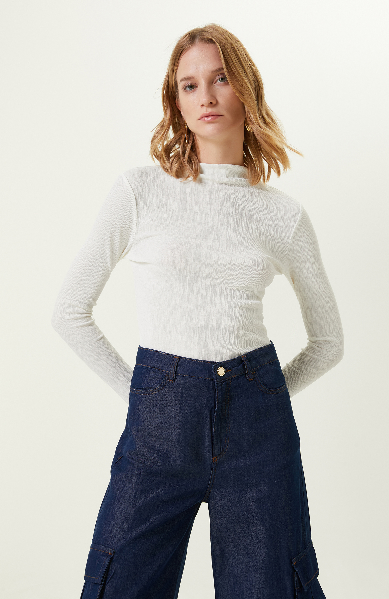 Ekru Pamuklu Uzun Kollu Tshirt