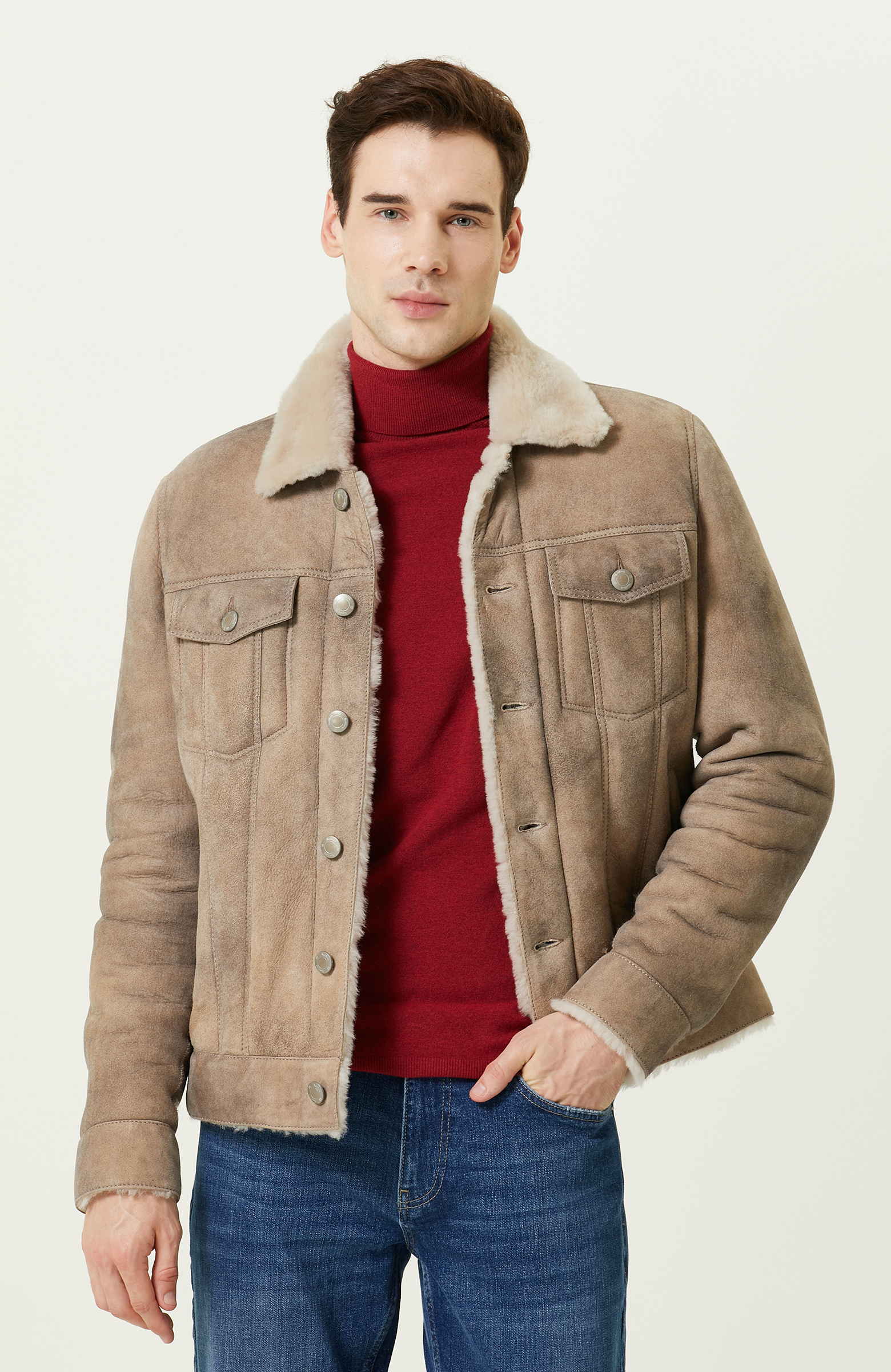 Yakası Kürklü Gri Süet Deri Mont