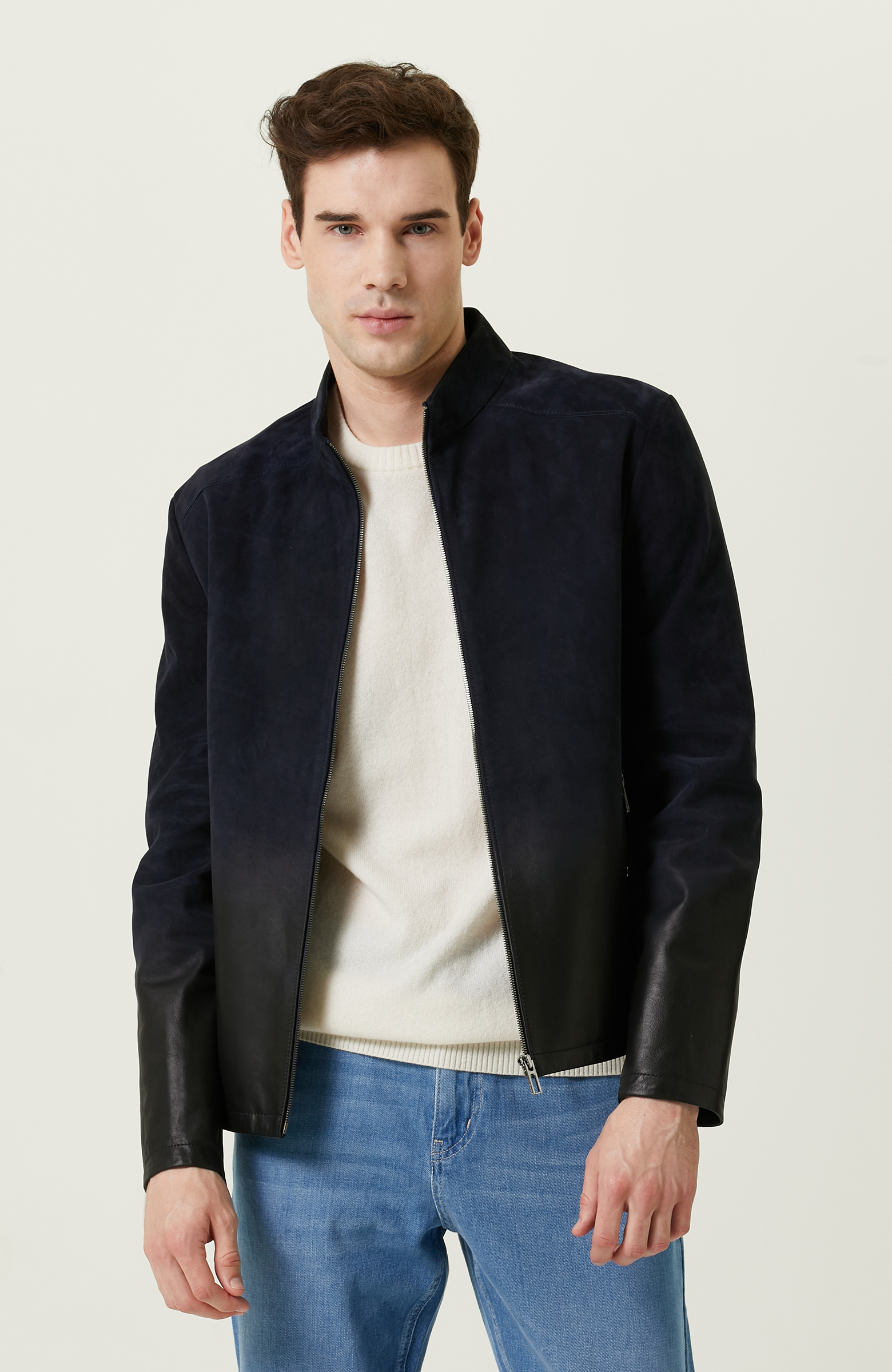 Lacivert Süet Deri Mont