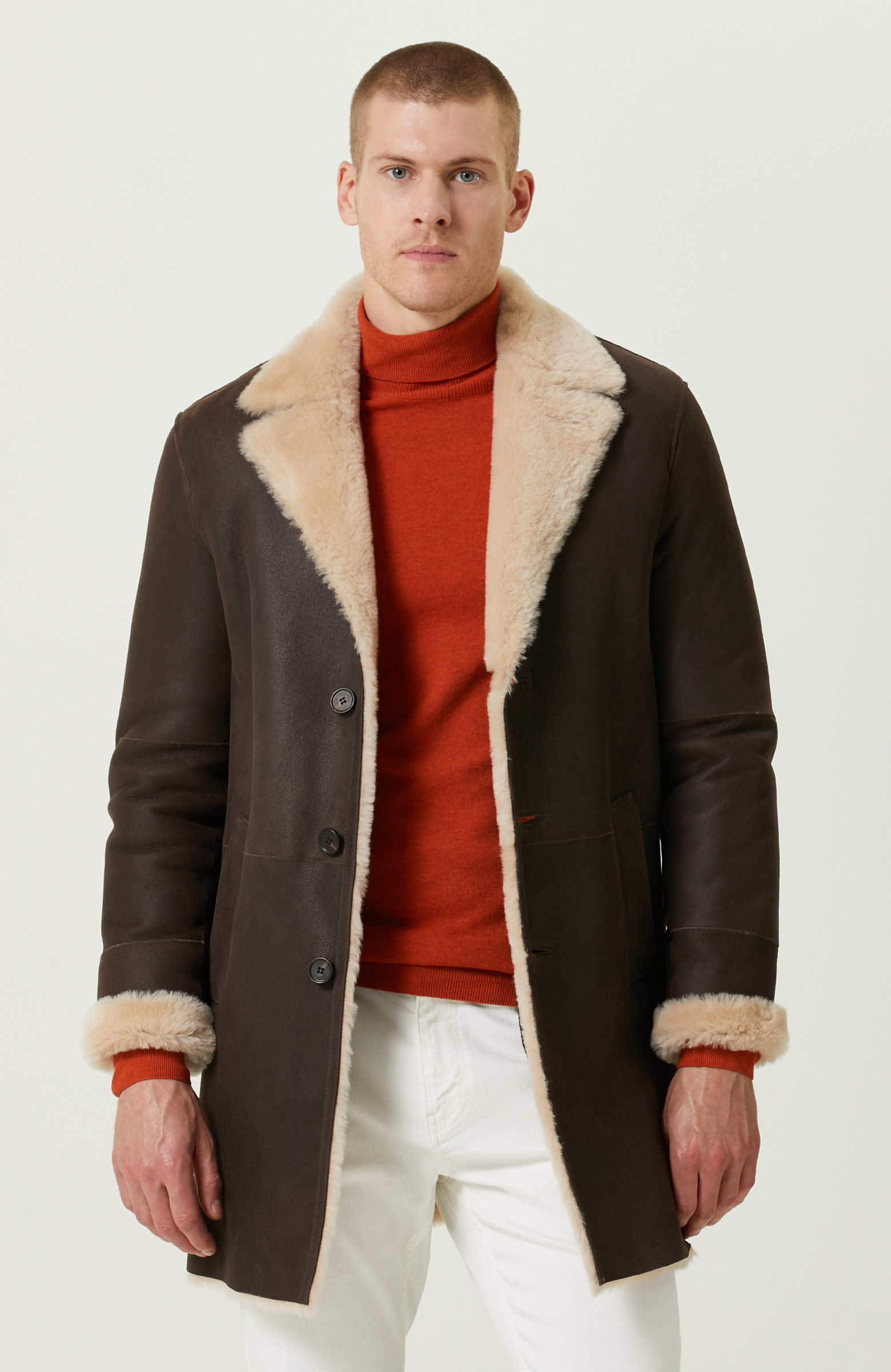 Limited Yakası Kürklü Kahverengi Deri Kaban