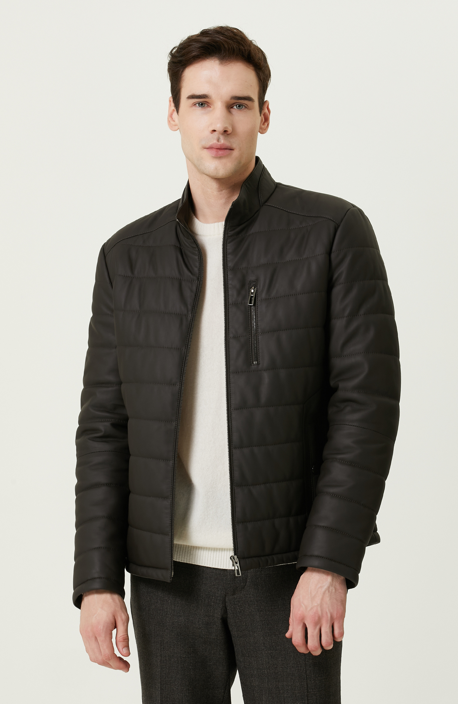 Dik Yaka Kahverengi Deri Mont