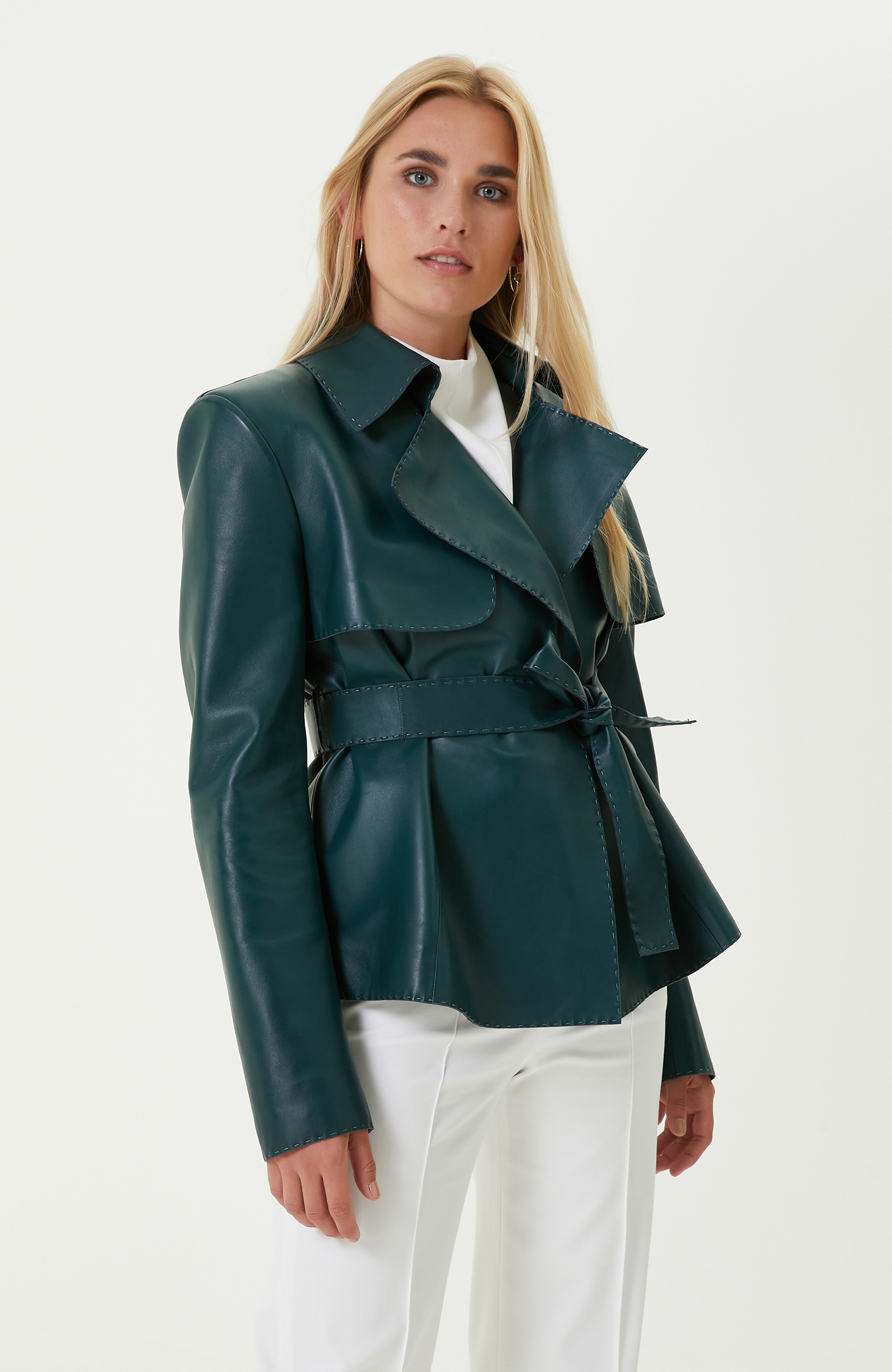 Kemerli Yeşil Deri Ceket