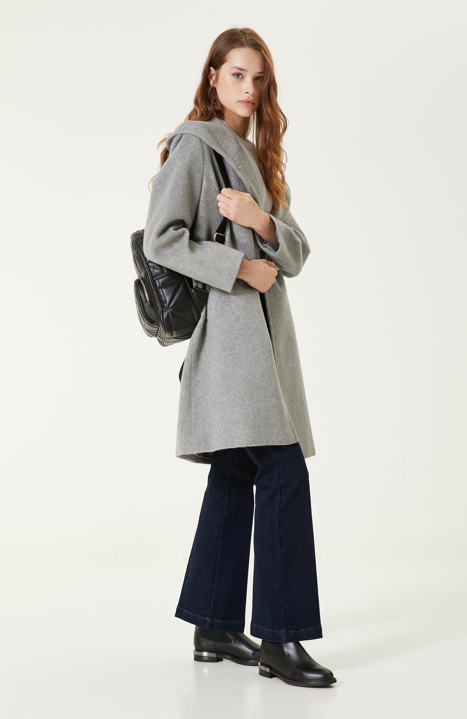 Gri Melanj Kapüşonlu Kaban