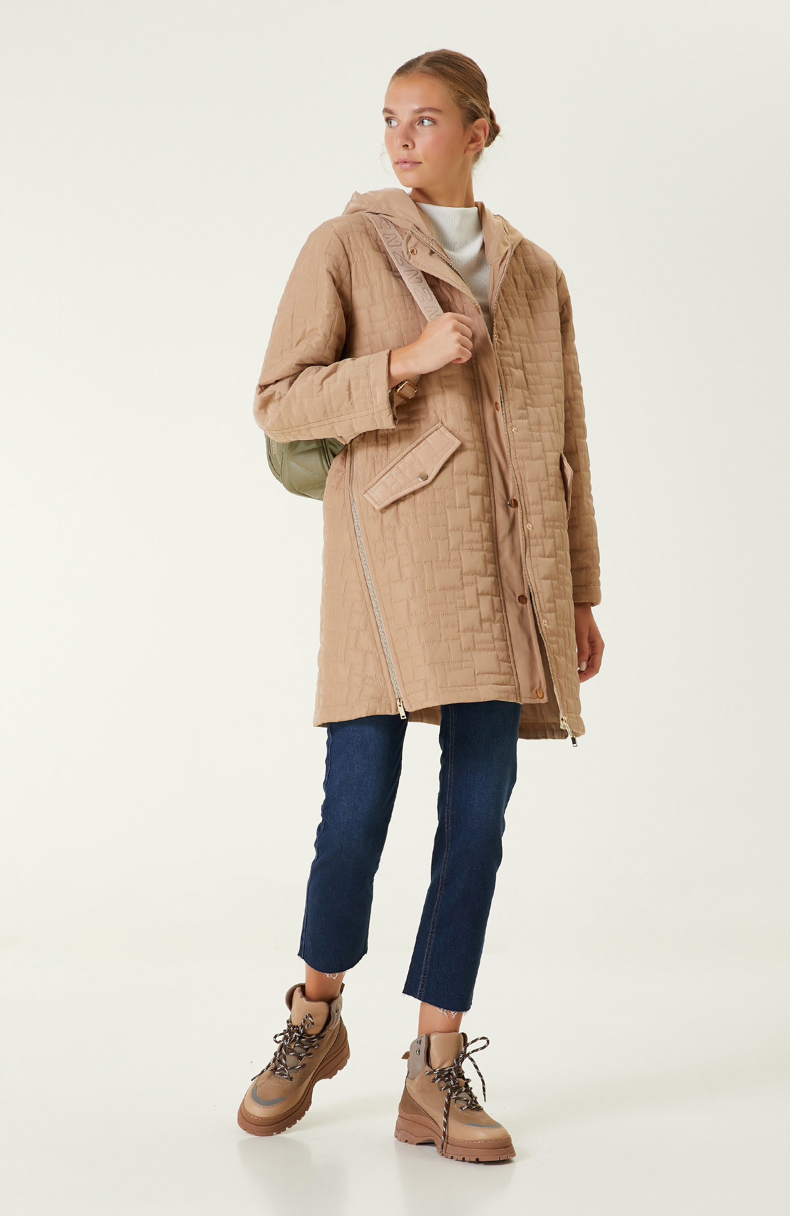 Yeşil Kapüşonlu Kapitone Trençkot