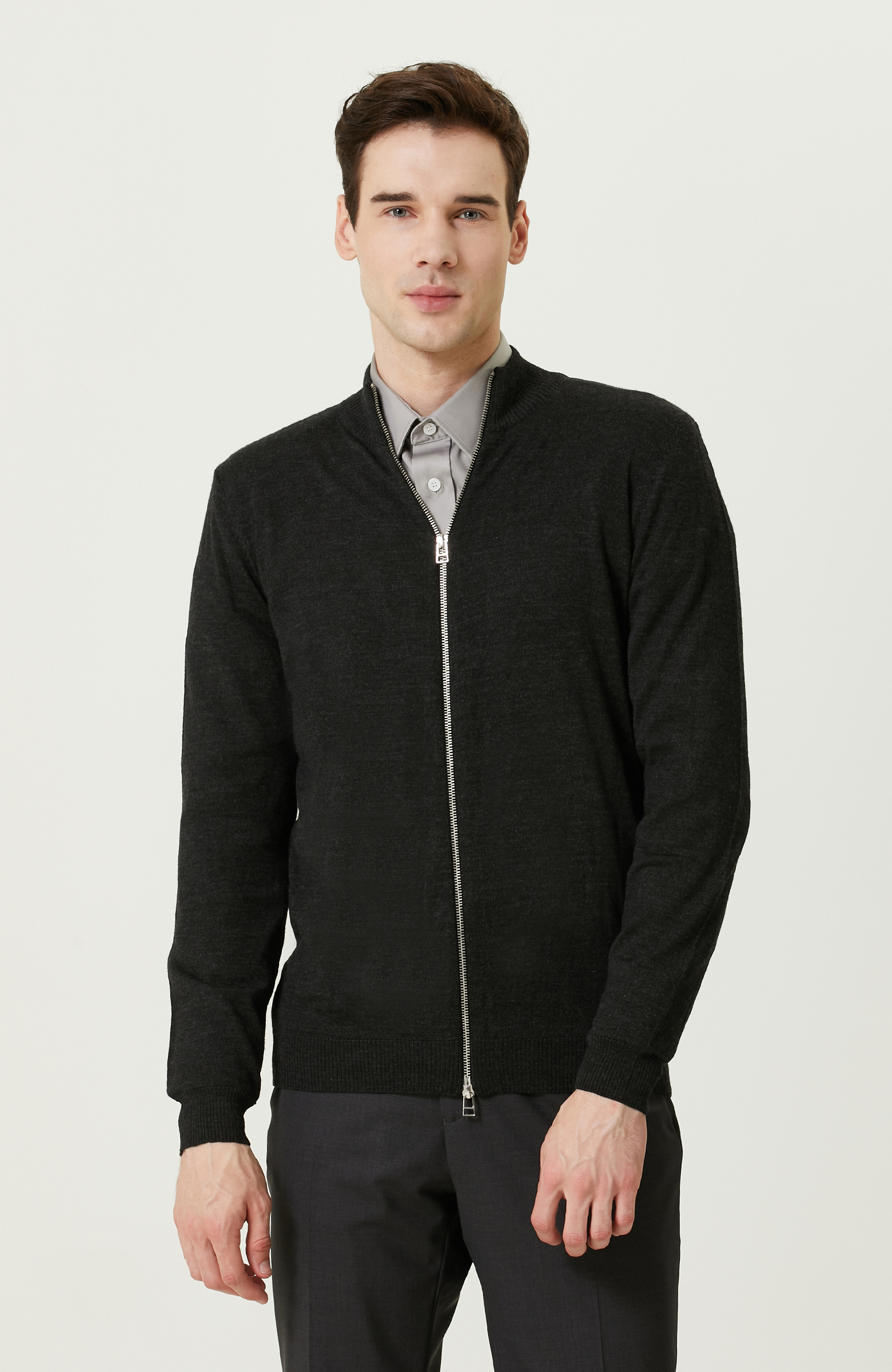 Antrasit Melanj Dik Yaka Cepsiz Hırka