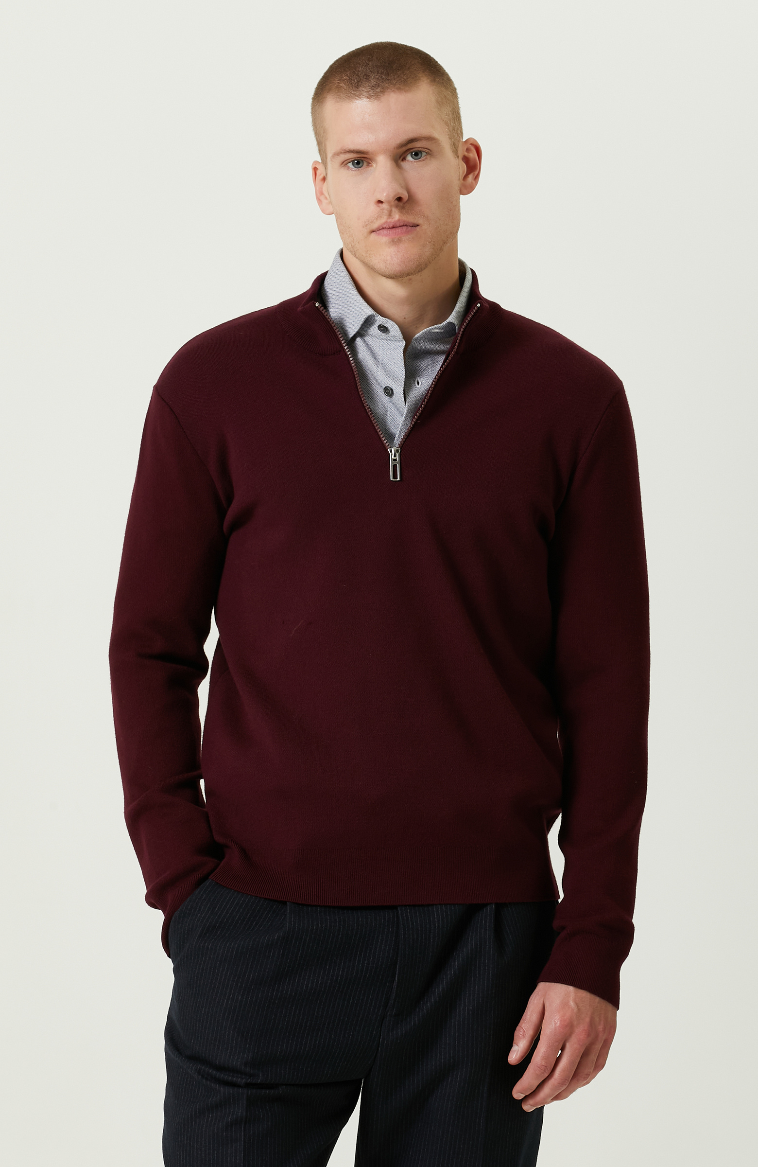 Bordo Fermuarlı Triko Kazak