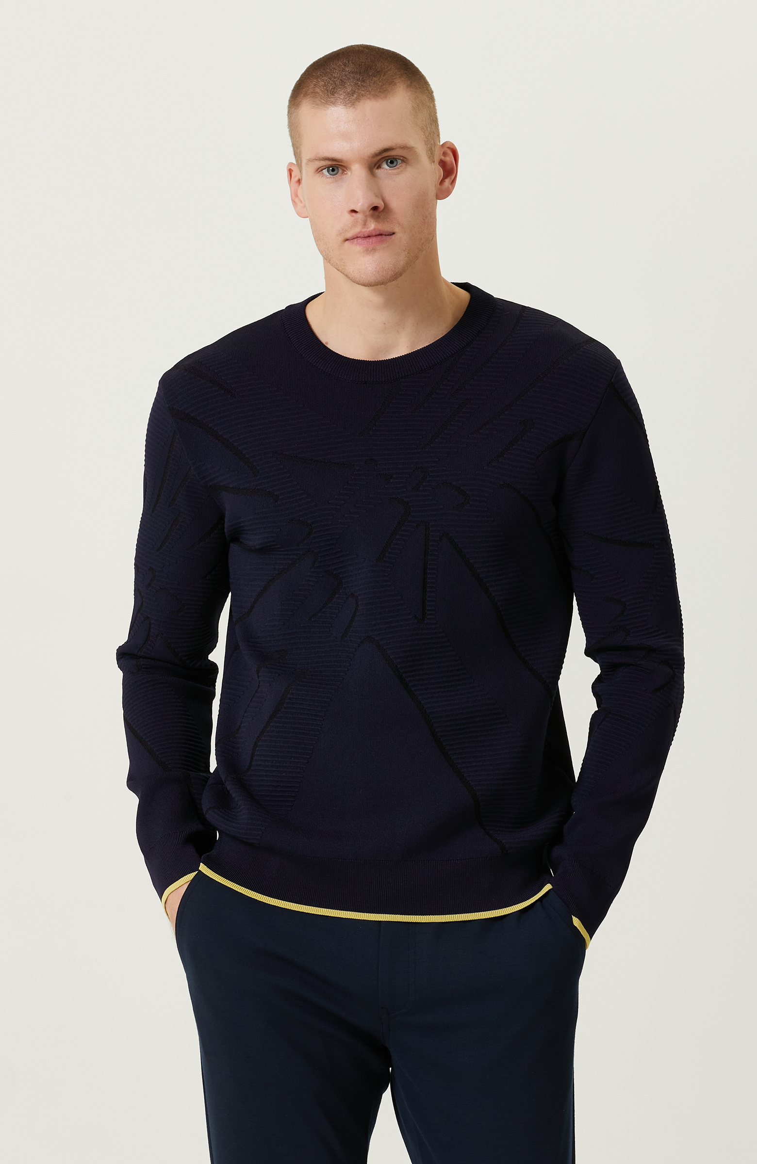 Lacivert Jakarlı Triko Kazak