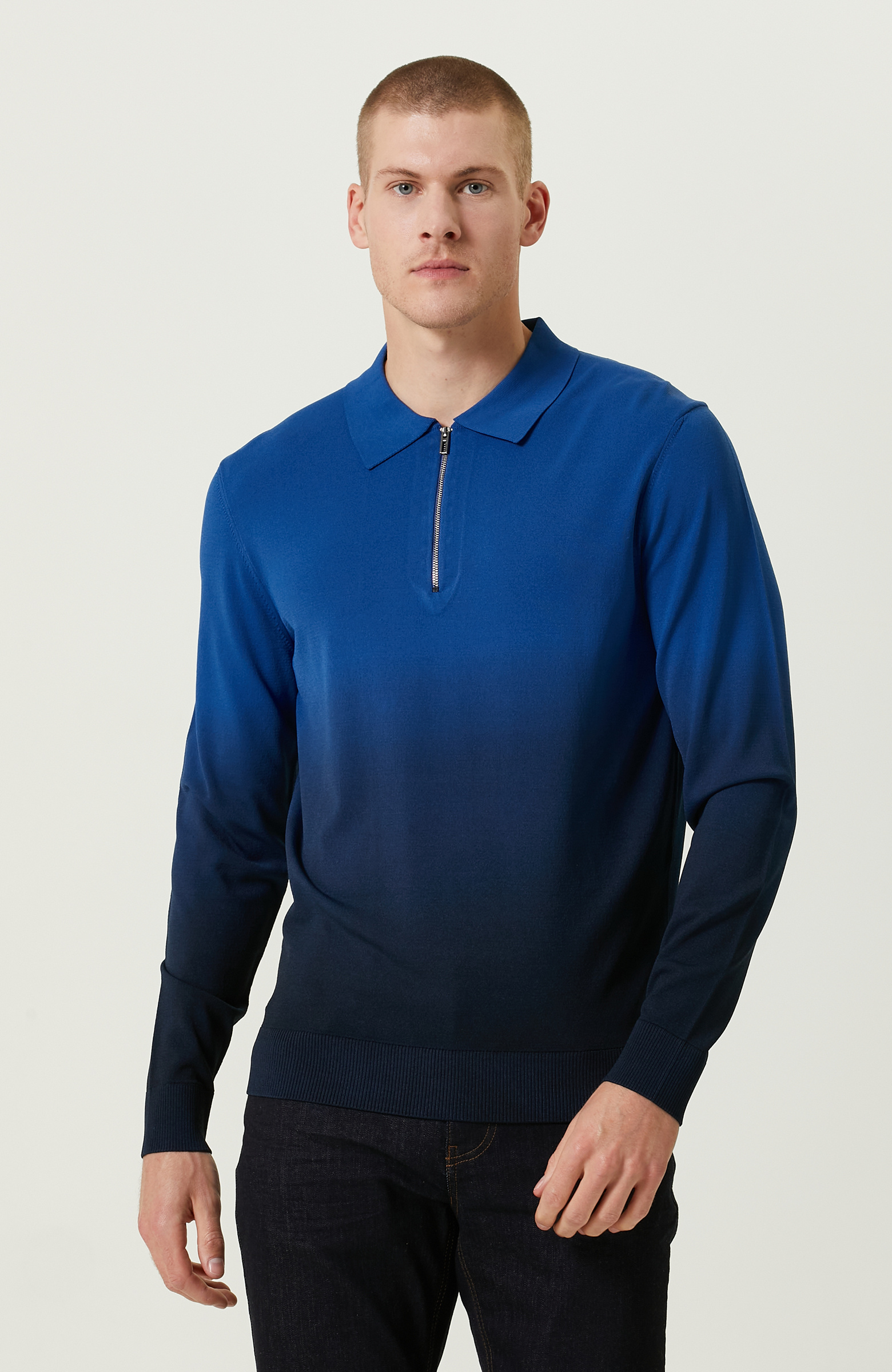 Degradeli Saks Polo Yaka Triko Kazak