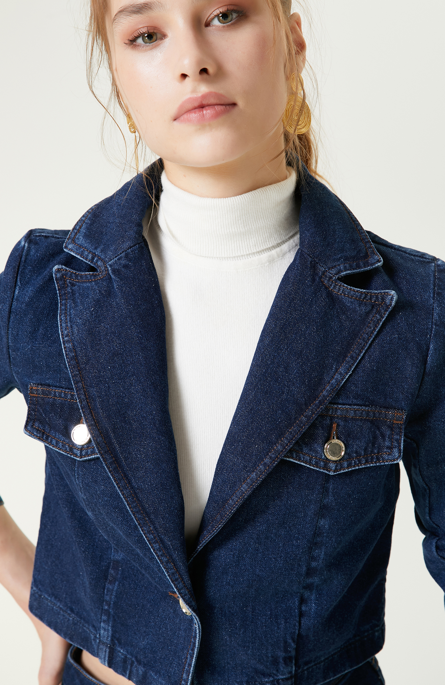 İndigo Mavi Crop Denim Ceket İndigo Mavi Crop Denim Ceket