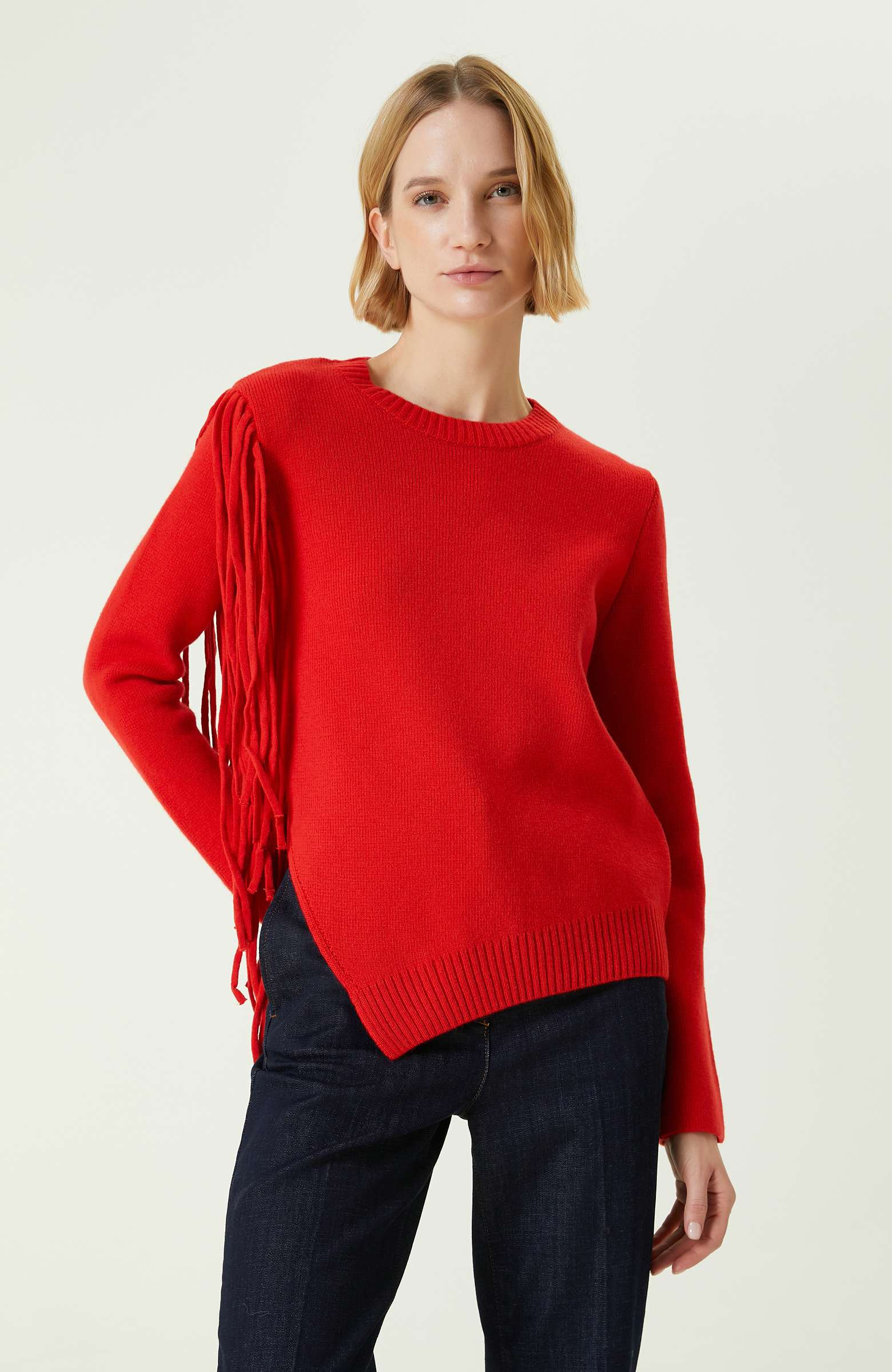 Kırmızı Asimetrik Yün Kazak