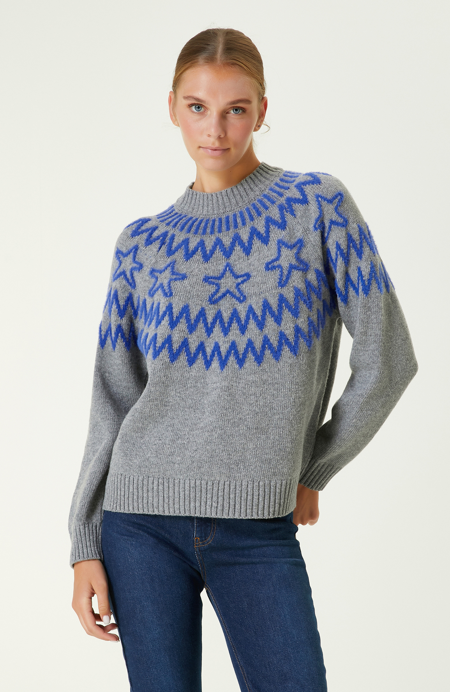 Açık Gri Melanj Desenli Yün Kazak