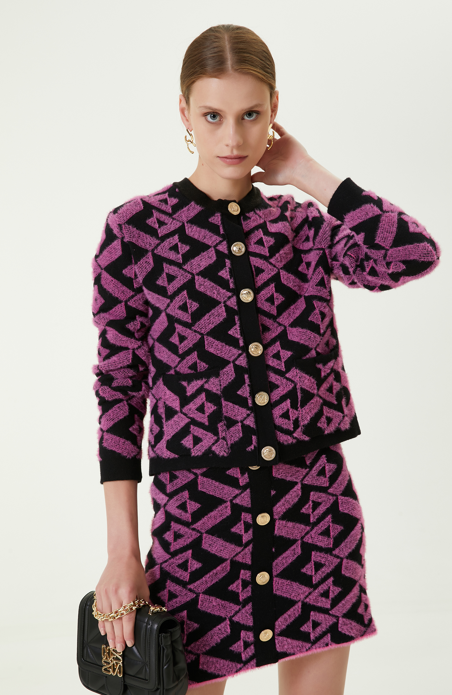 Pembe Desenli Bisiklet Yaka Triko Ceket Pembe Desenli Bisiklet Yaka Triko Ceket