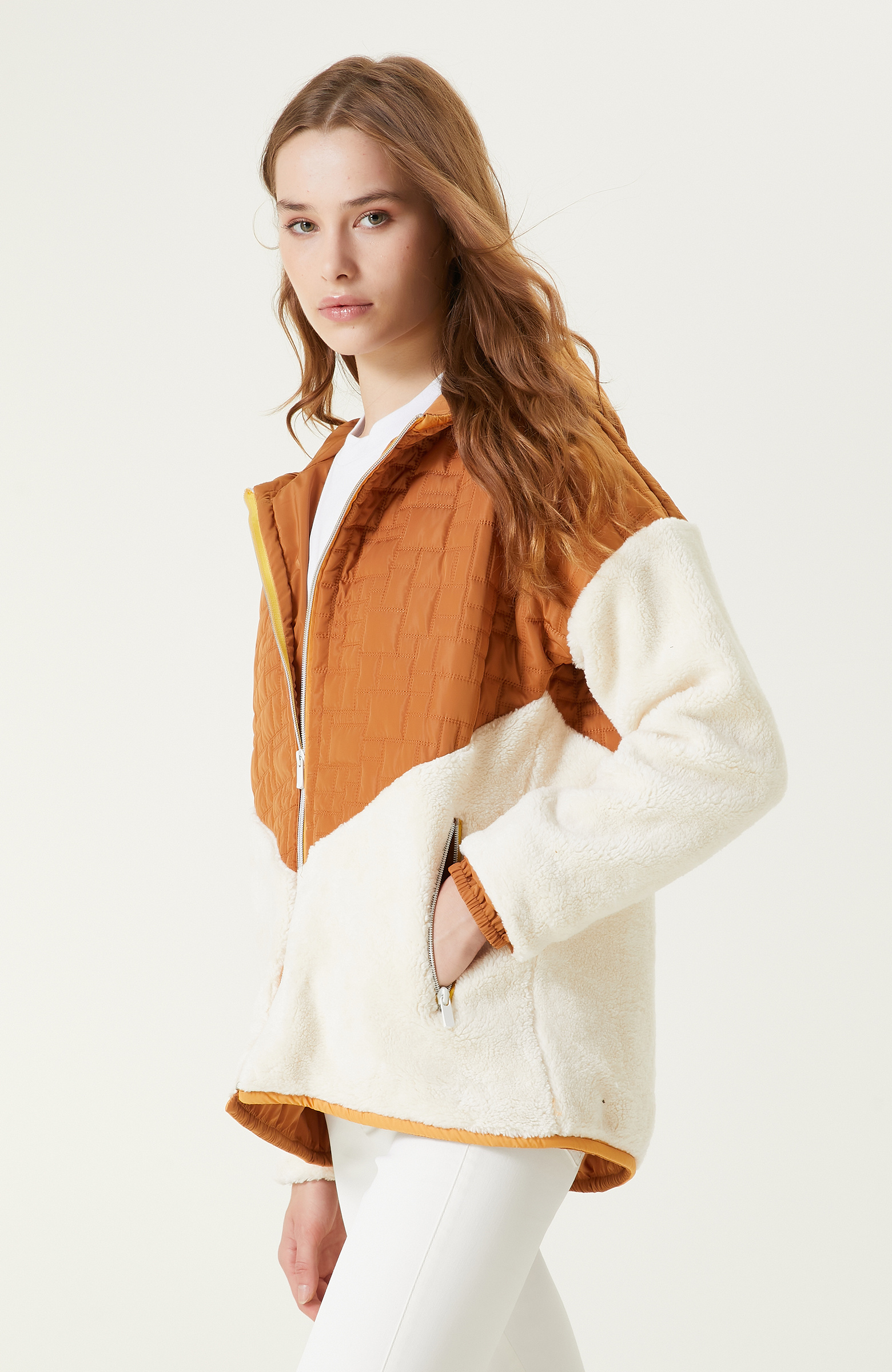 Ekru Kapitone Detaylı Örme Mont