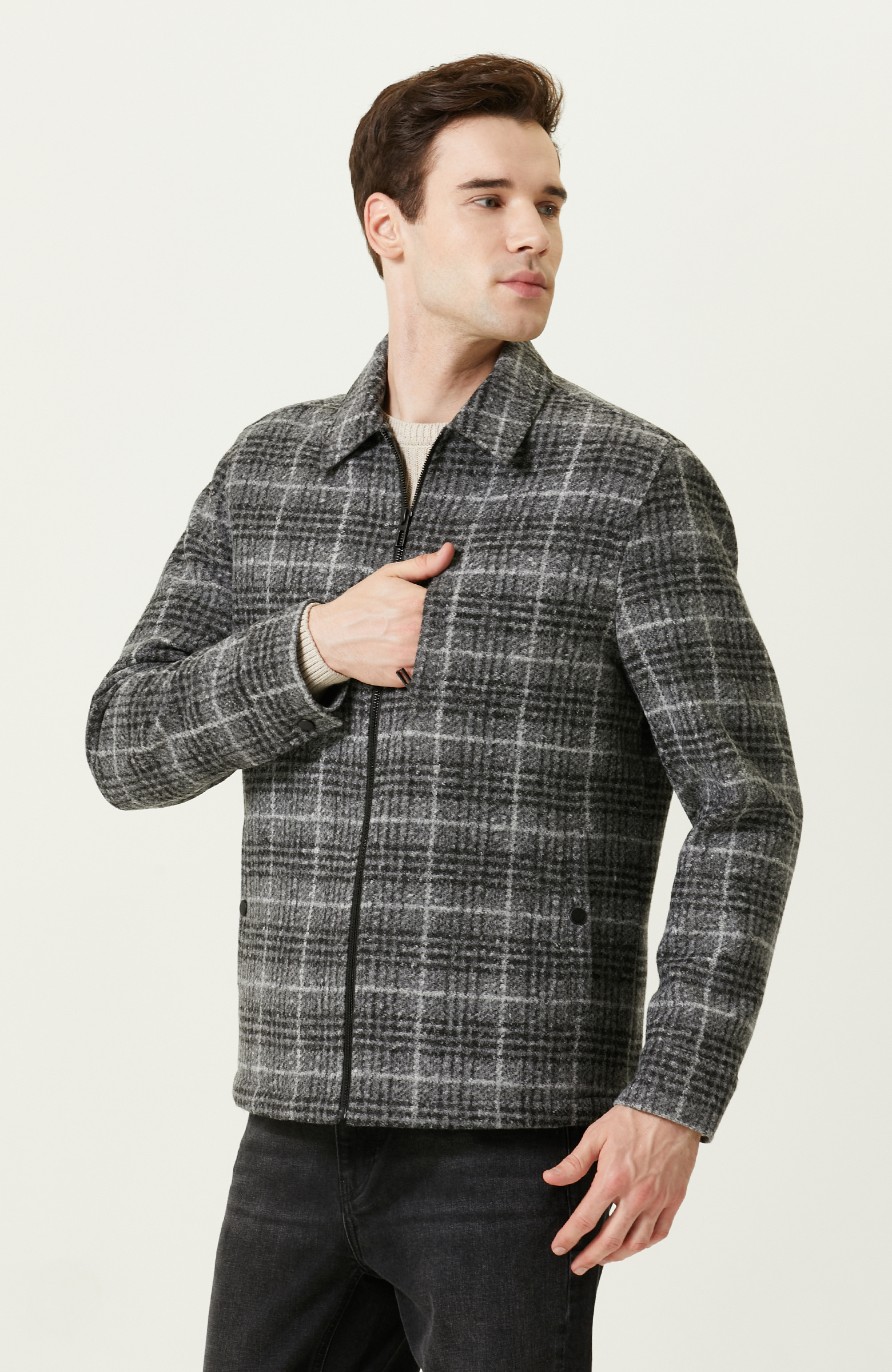 Yan Cepli Antrasit Ekose Dış Gömlek