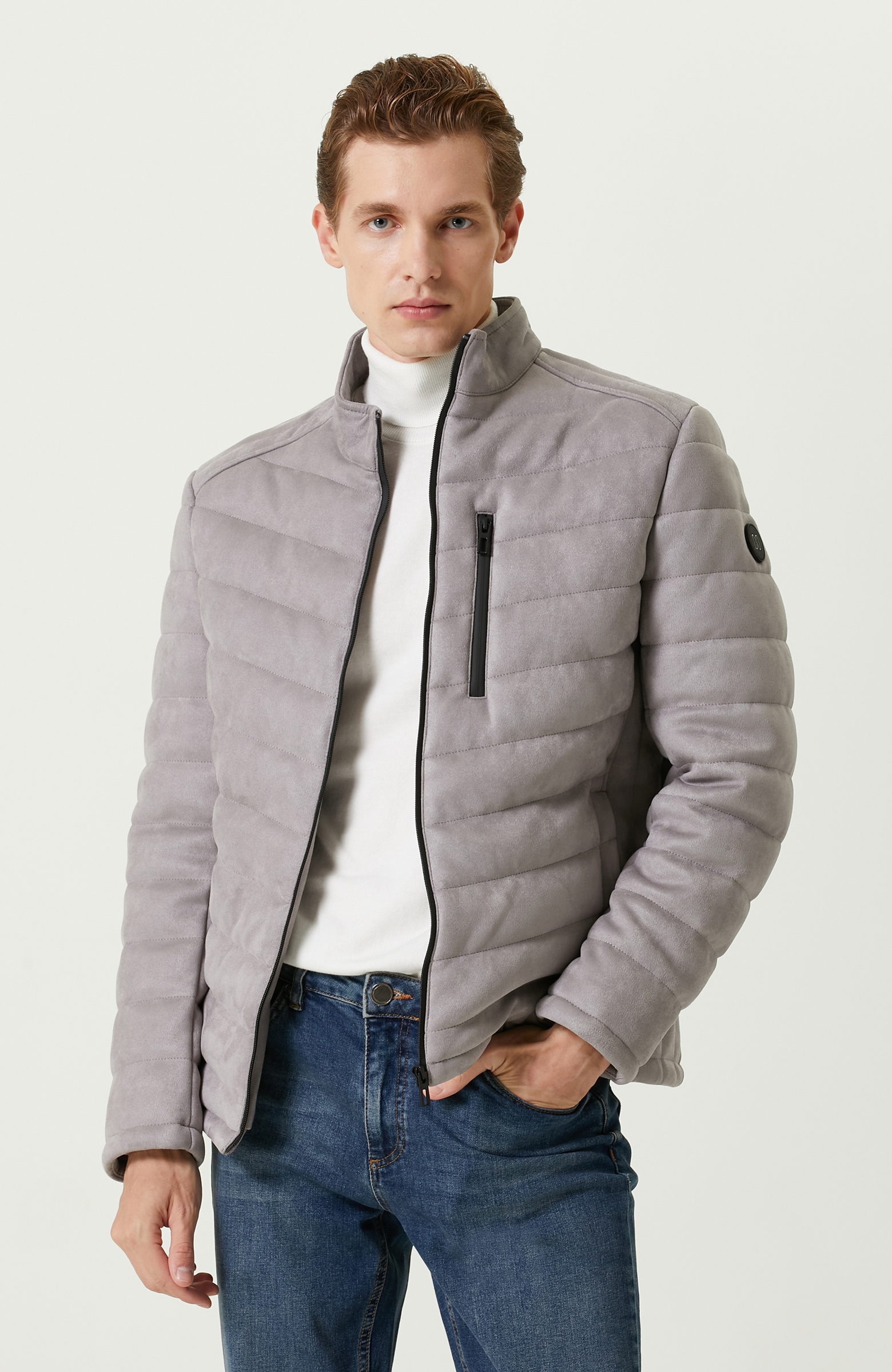 Gri Kapitoneli Süet Mont