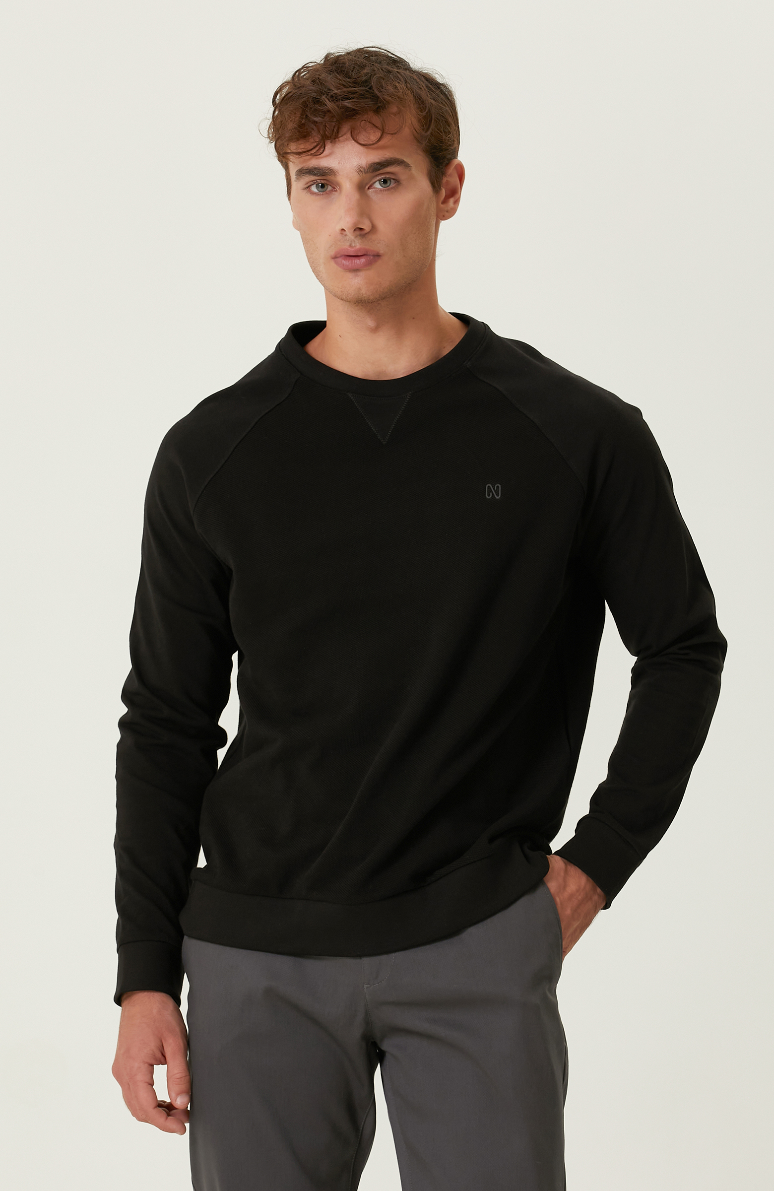Pamuklu Siyah Pirinç Örgü Sweatshirt Pamuklu Siyah Pirinç Örgü Sweatshirt