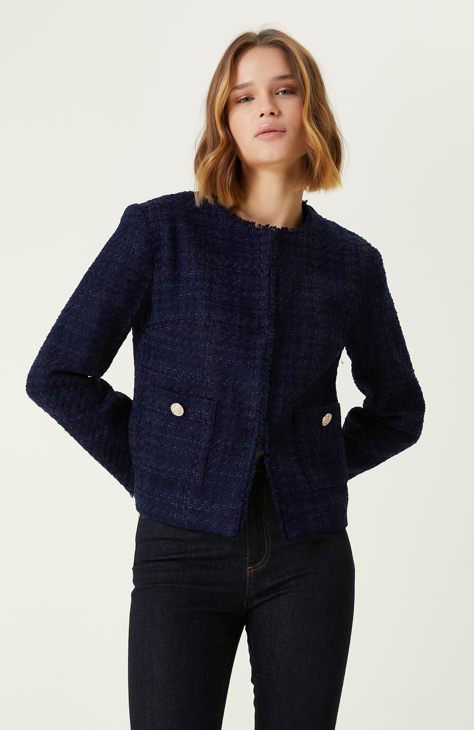 Lacivert Tweed Dokulu Ceket