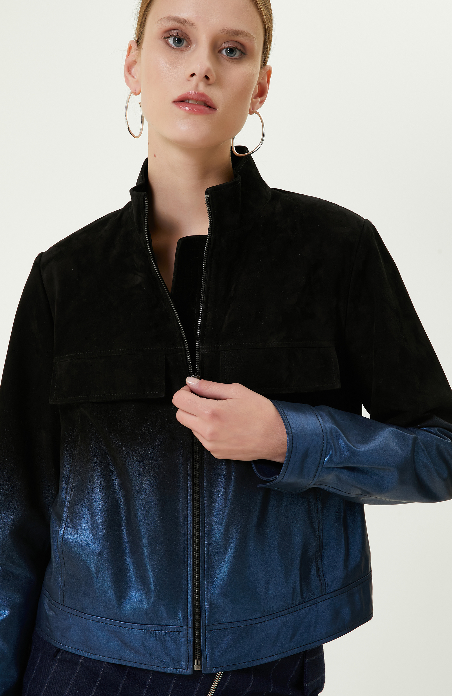 Degrade Dik Yaka Siyah Deri Mont