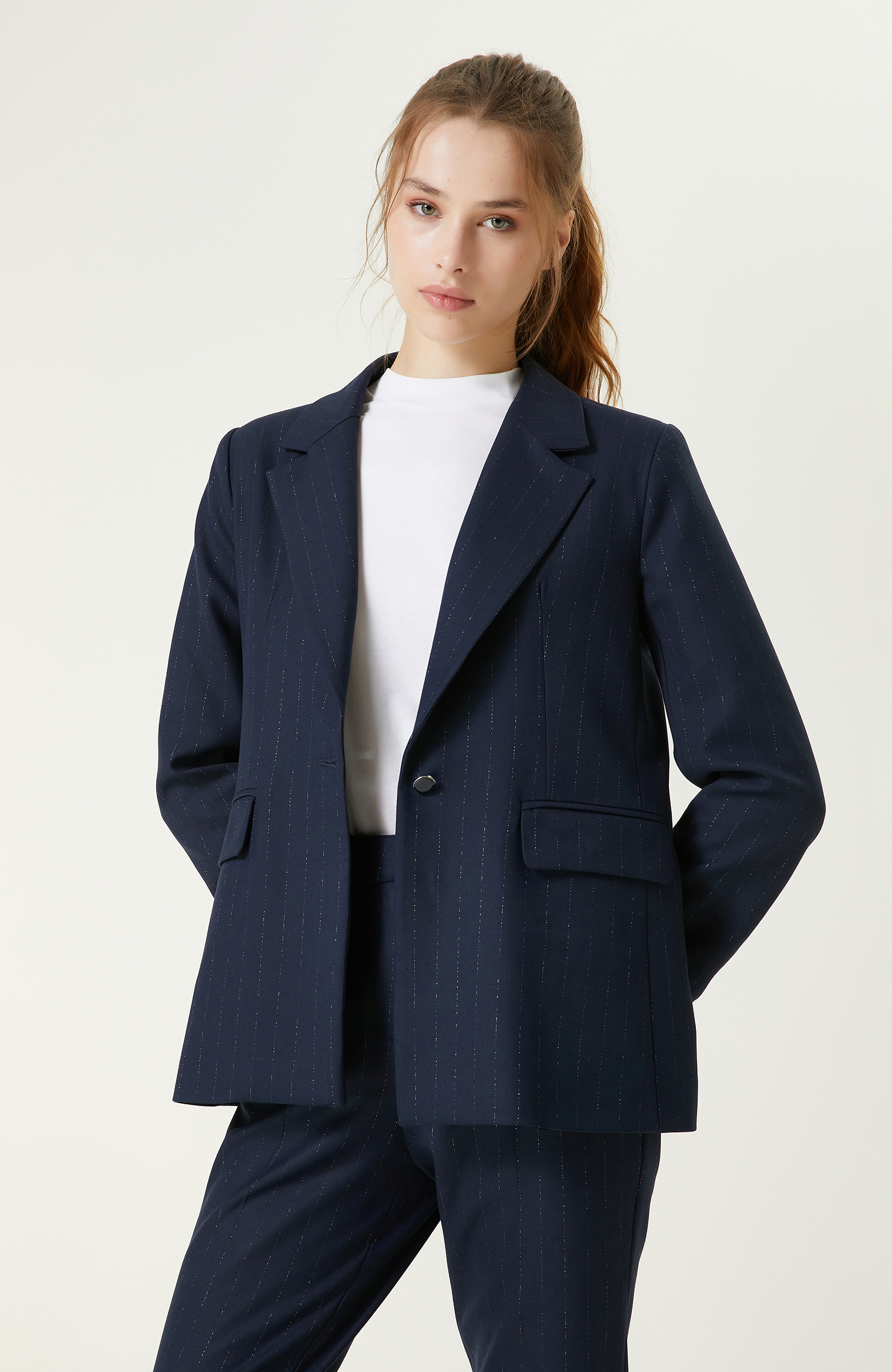 Lacivert Simli Çizgili Blazer Ceket Lacivert Simli Çizgili Blazer Ceket