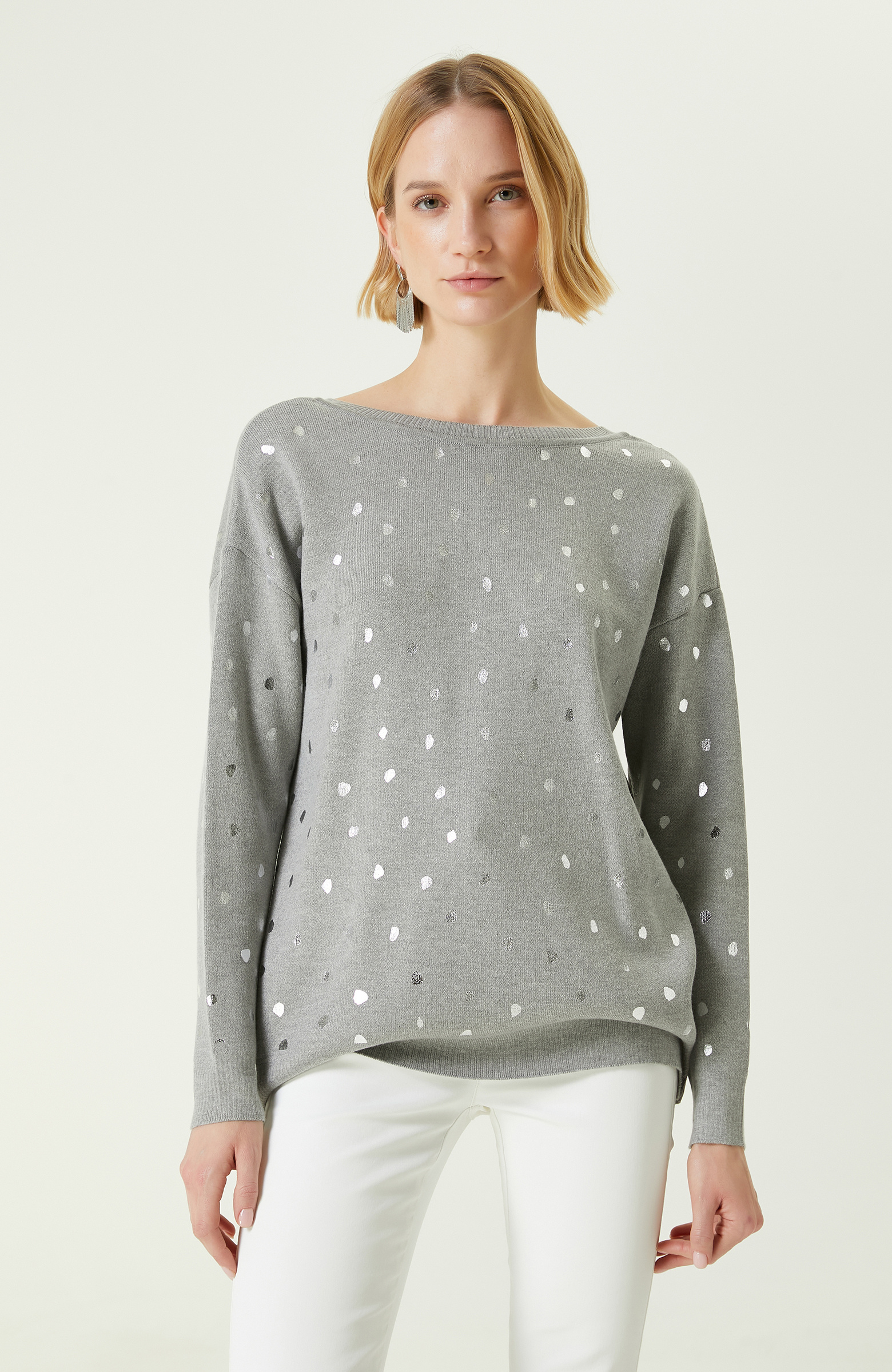 Açık Gri Baskılı Kazak