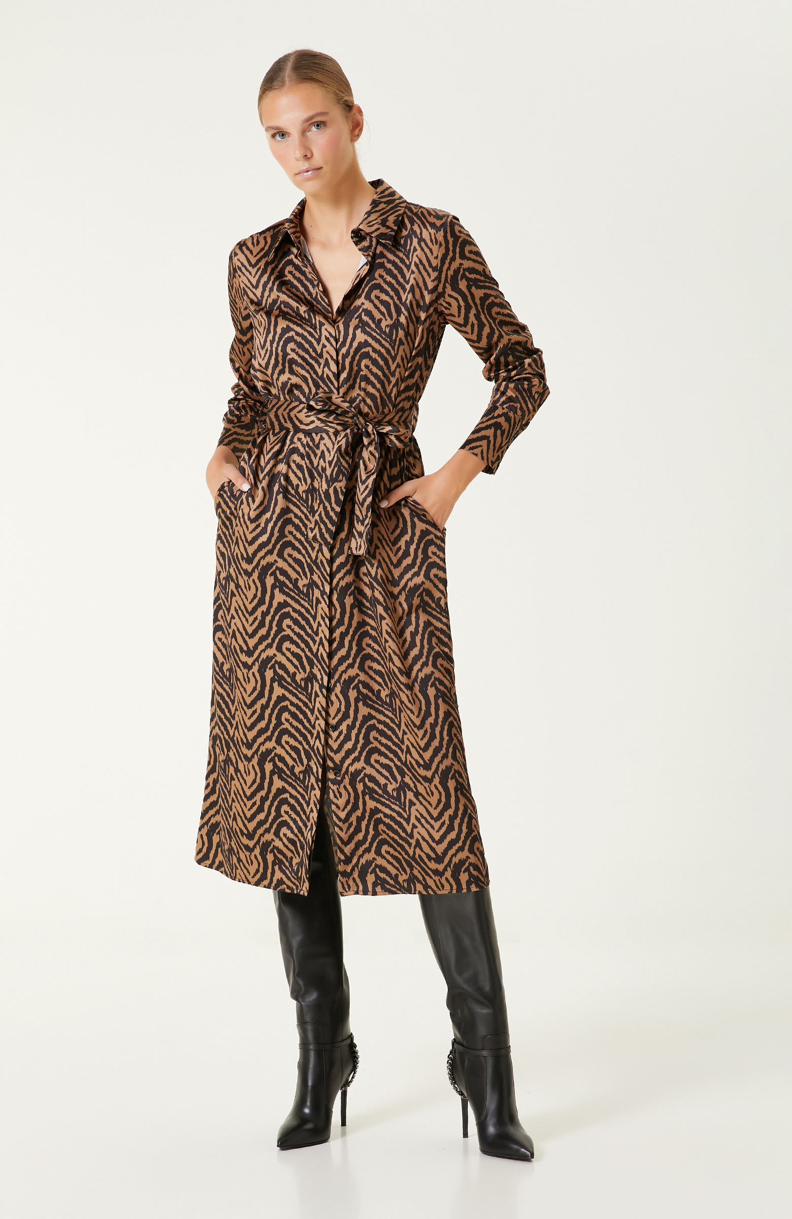 Camel Rengi Desenli Gömlek Elbise