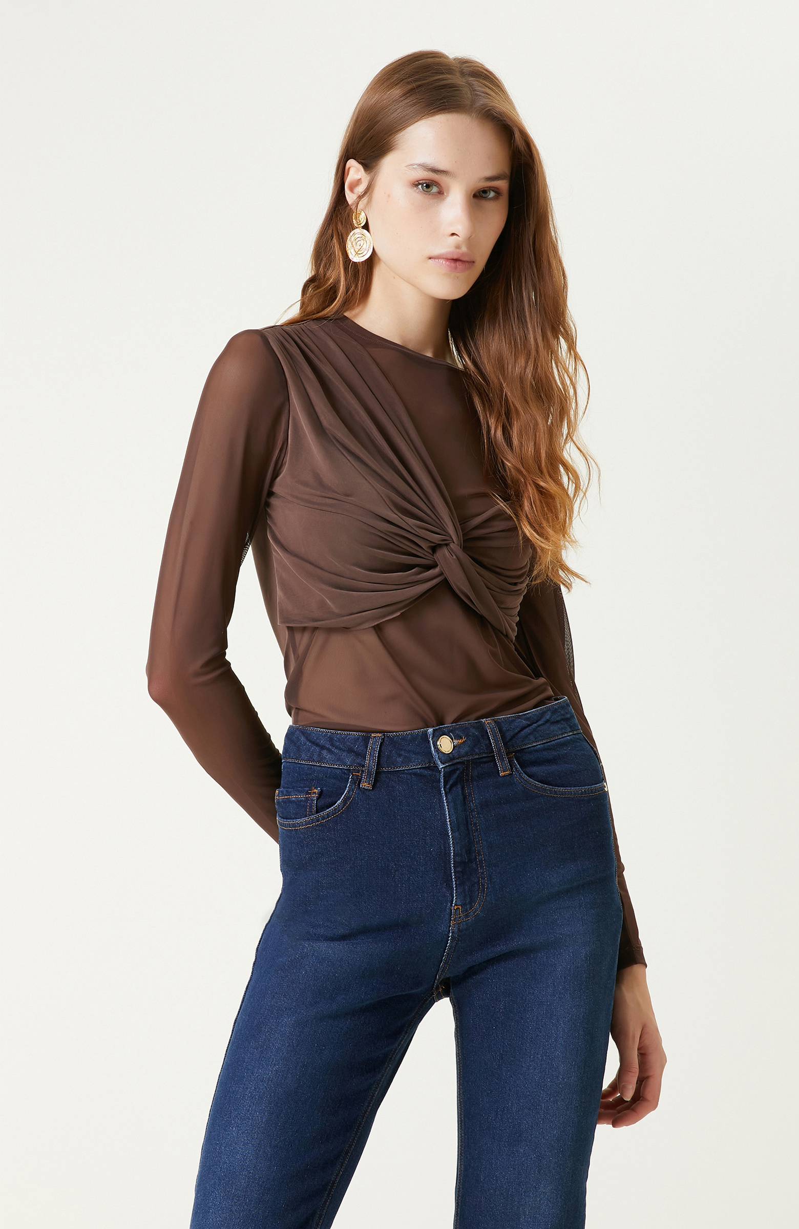 Kahverengi Bisiklet Yaka Bluz