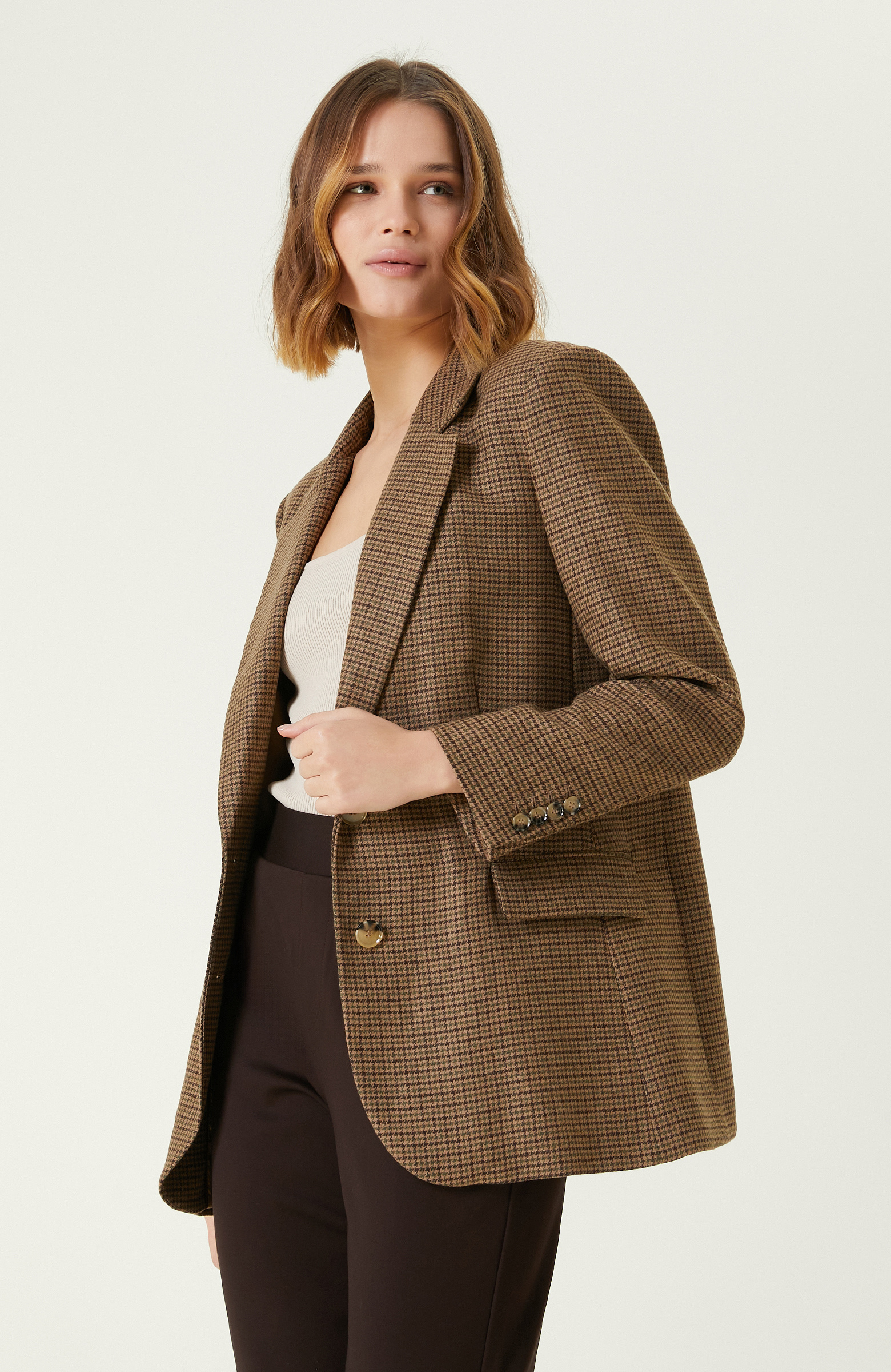 Camel Kazayağı Desenli Blazer Ceket