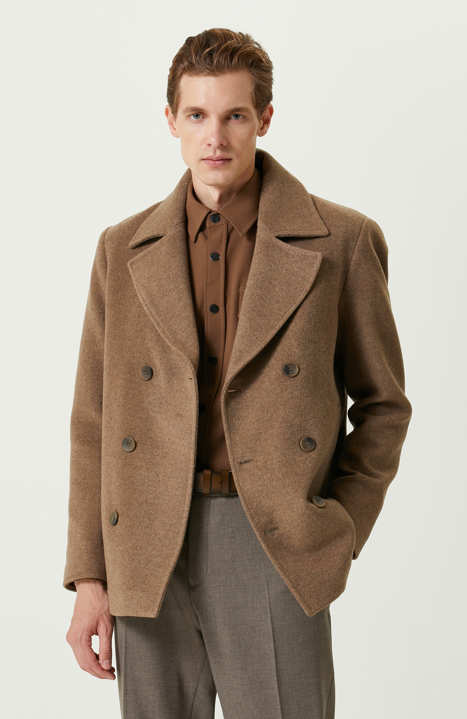 Vizon Yün Karışımlı Kruvaze Yaka Kaban