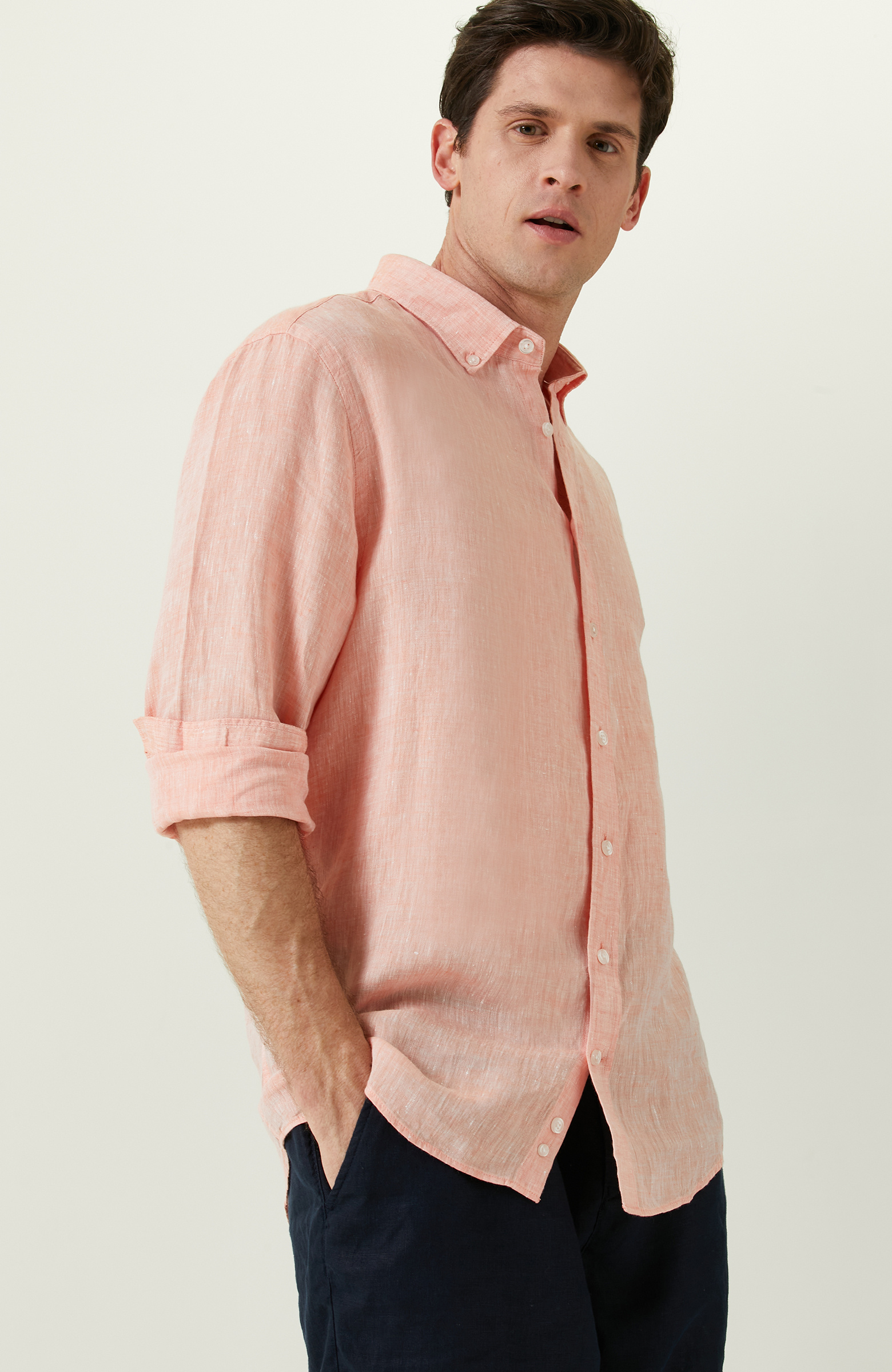 Somon Rengi Uzun Kollu Keten Gömlek