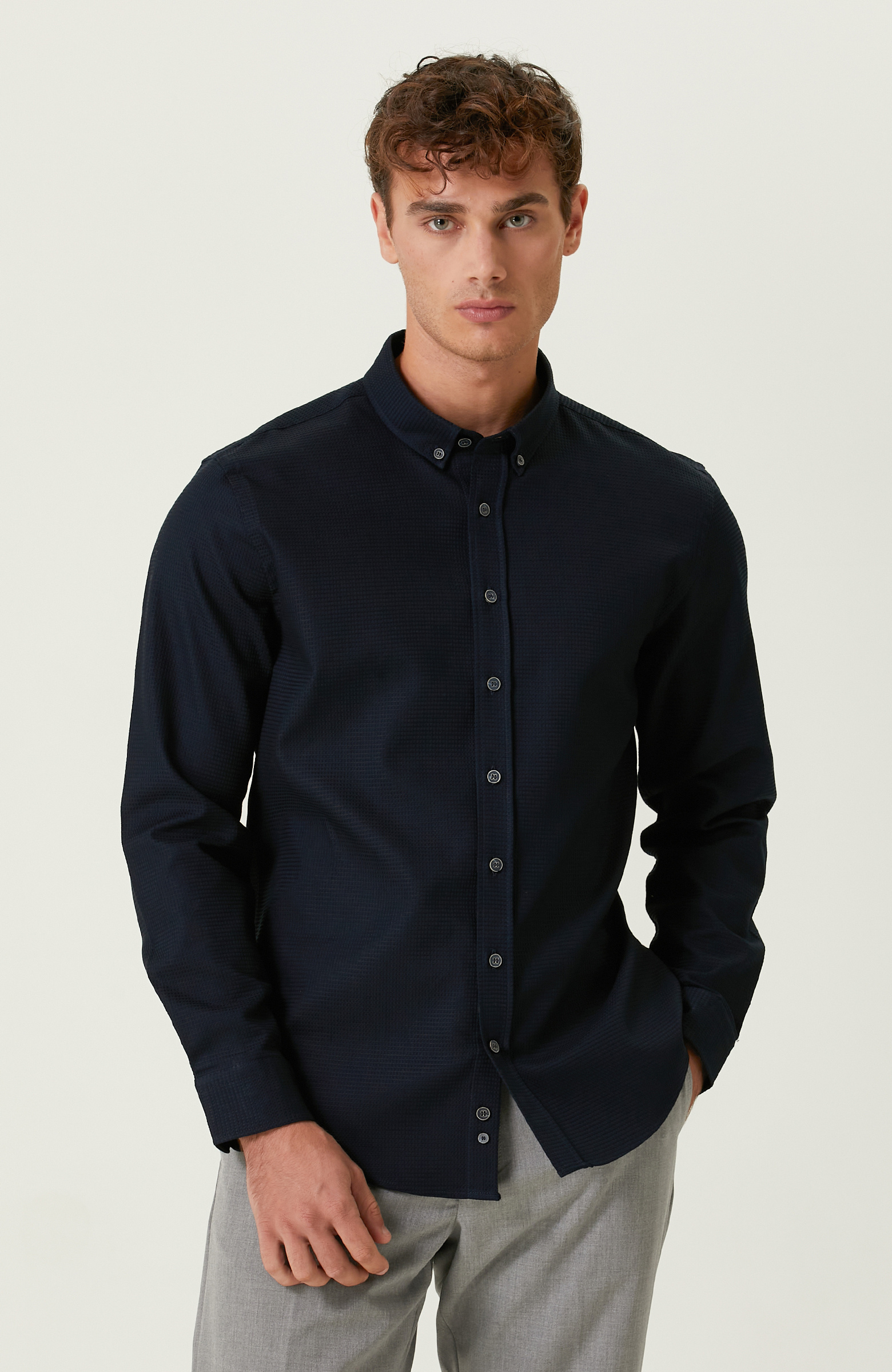 Pamuklu Lacivert Petek Desenli Gömlek