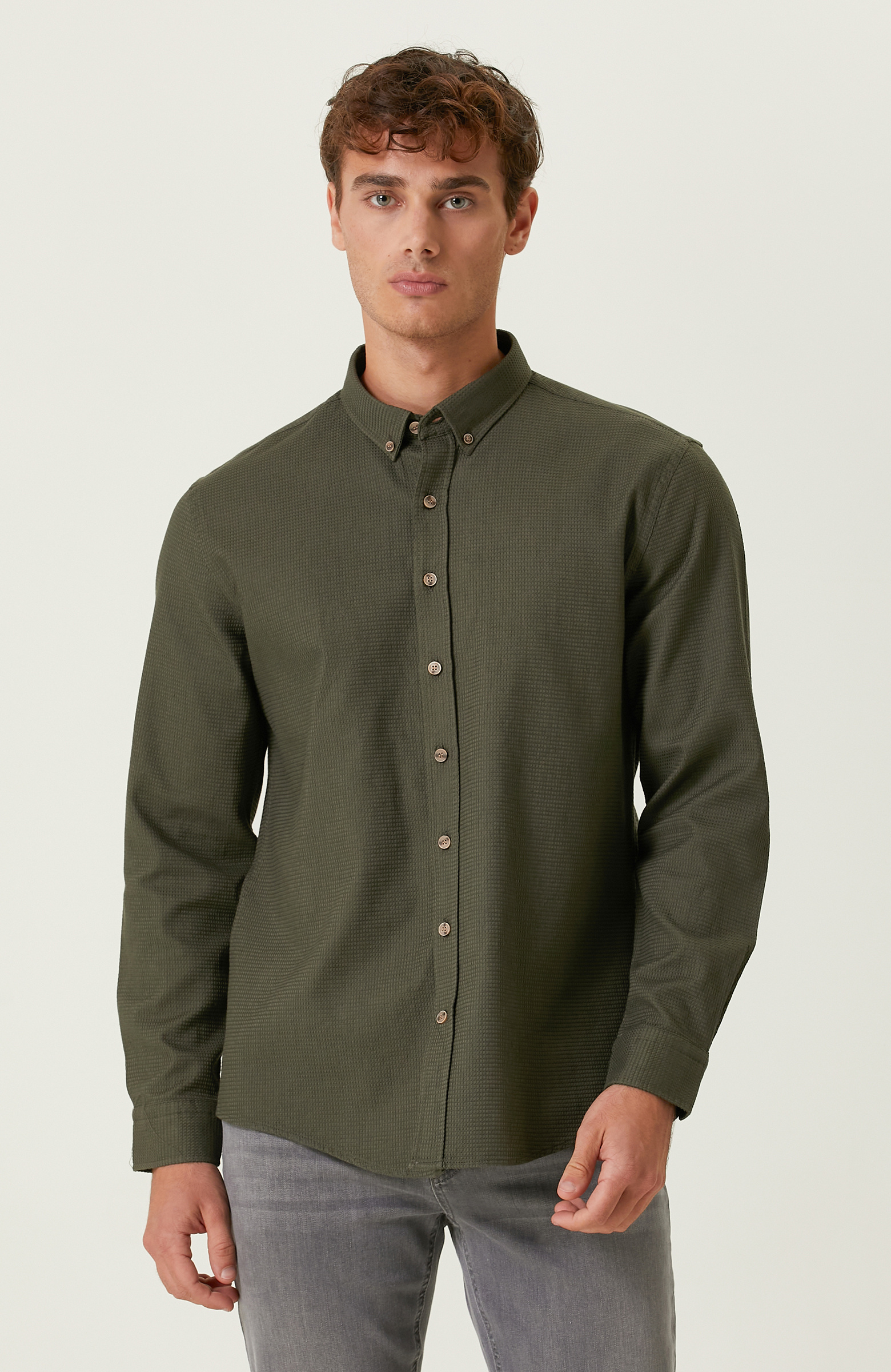 Pamuklu Haki Petek Desenli Gömlek